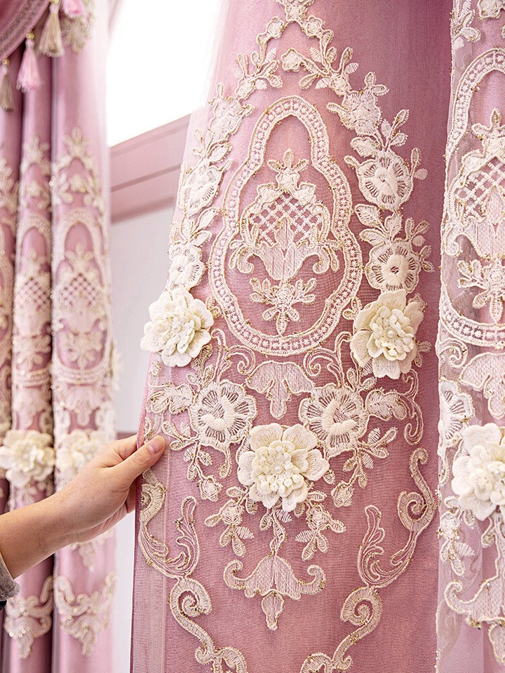European luxury embroidery pink cloth blackout curtain tulle valance ...