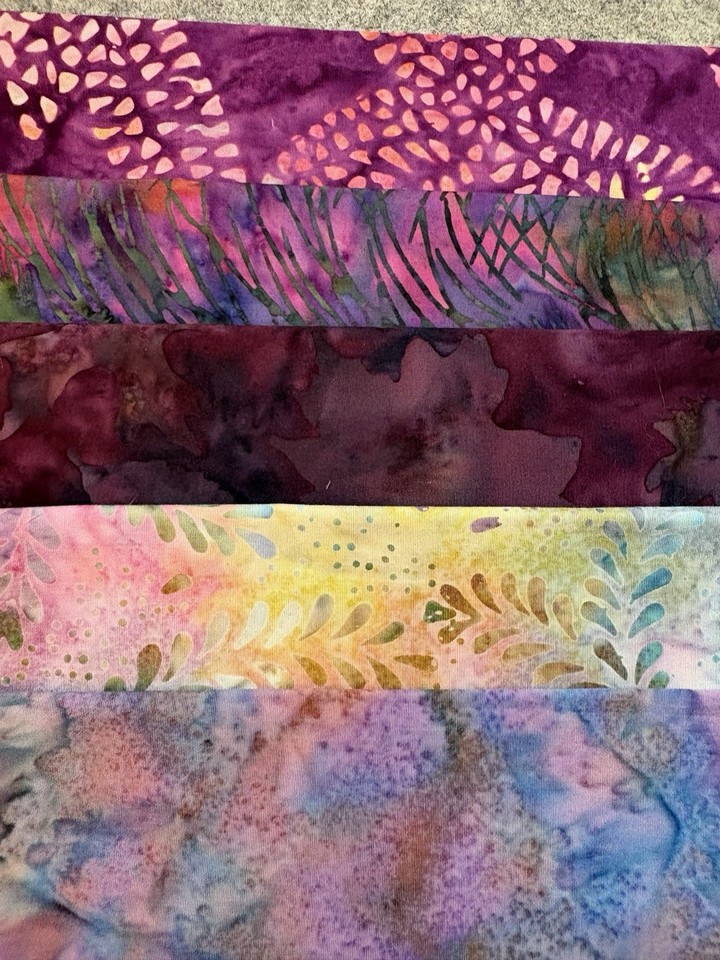 Batik cotton fabric Lot of 10 fat eighths scraps 9" x 21" plum purple ...
