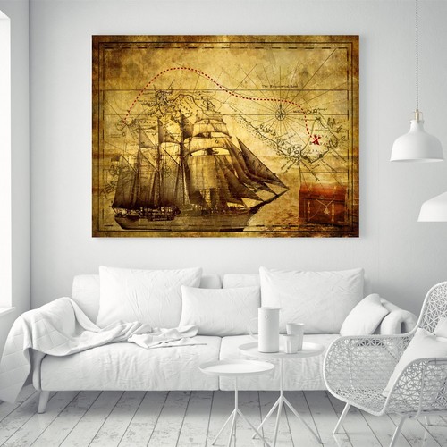 Pirate Ship Treasure World Map Vintage Canvas Poster Art Paint Wall Decor 43A | eBay