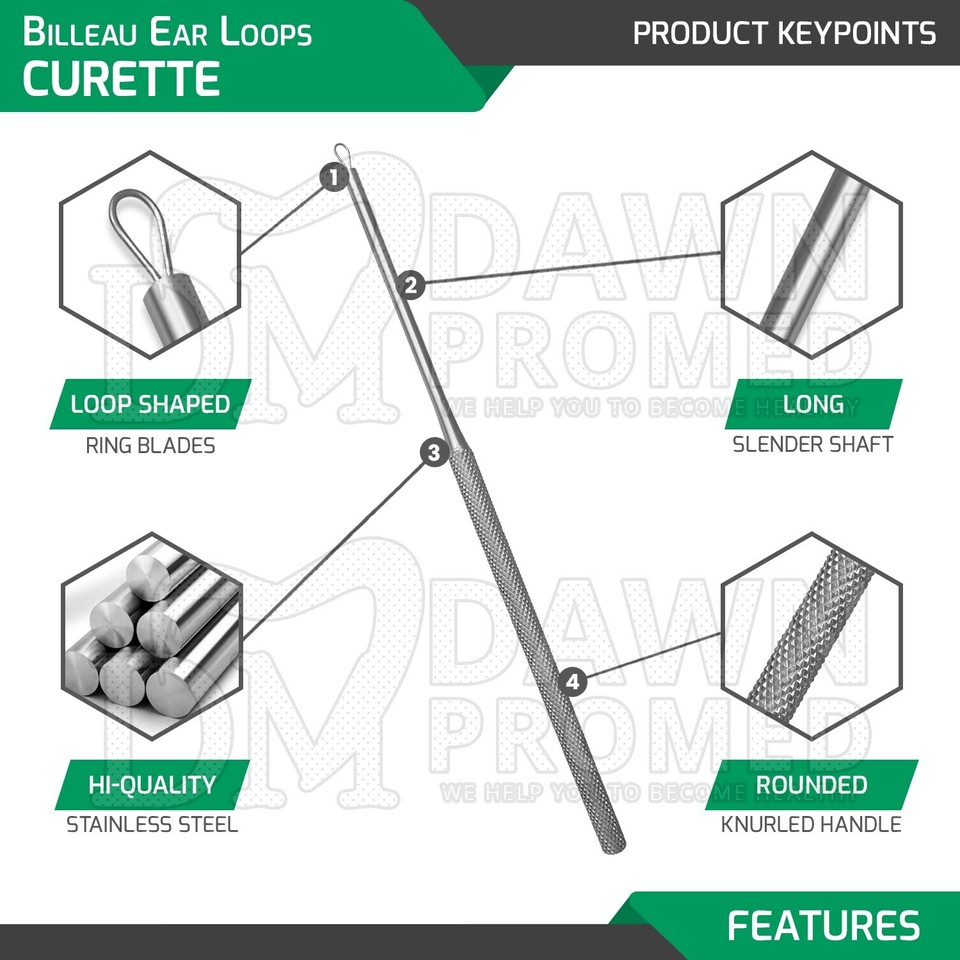 2 Pcs Small Size #1 Billeau Ear Loop Curette 6.5" Ear W. Removal ...