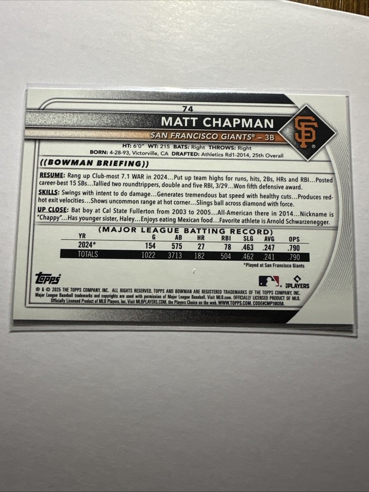 2025 Bowman Baseball #74 Matt Chapman BLUE PATTERN PARALLEL /125 ...