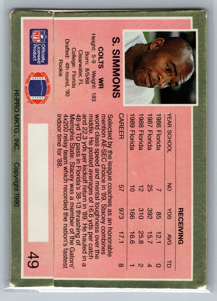 Stacey Simmons 1990 Action Packed Rookie/Update #49 Indianapolis Colts ...