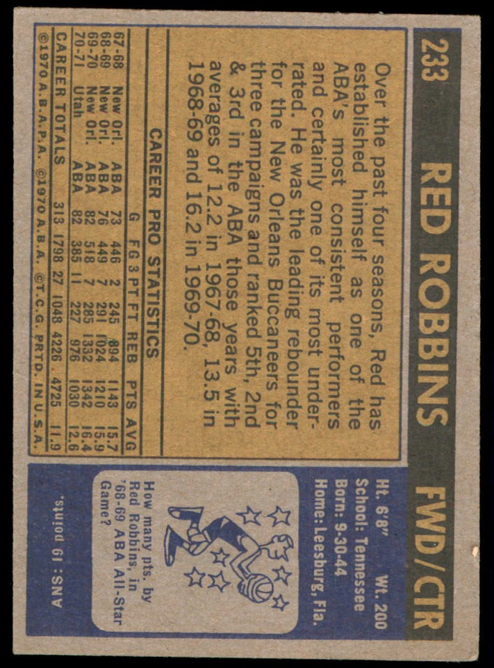 1971-72 Topps Red Robbins Utah Stars #233 | eBay