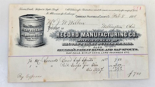 1884 Geo J Records Record Manufacturing Co Receipt Conneaut Ashtabula ...