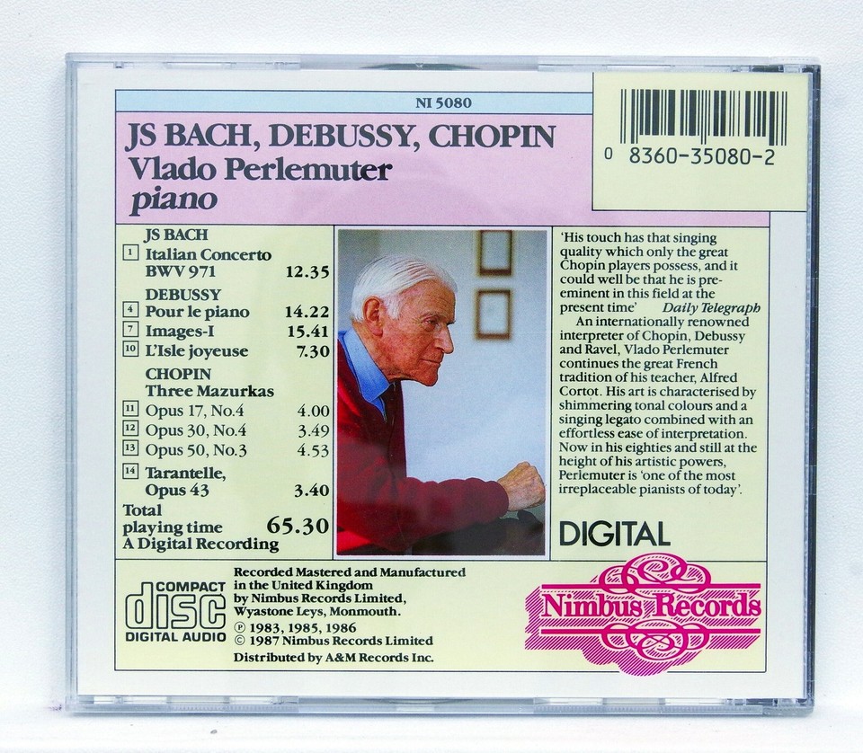 VLADO PERLEMUTER - JS BACH, DEBUSSY, CHOPIN piano works - NIMBUS CD NM ...