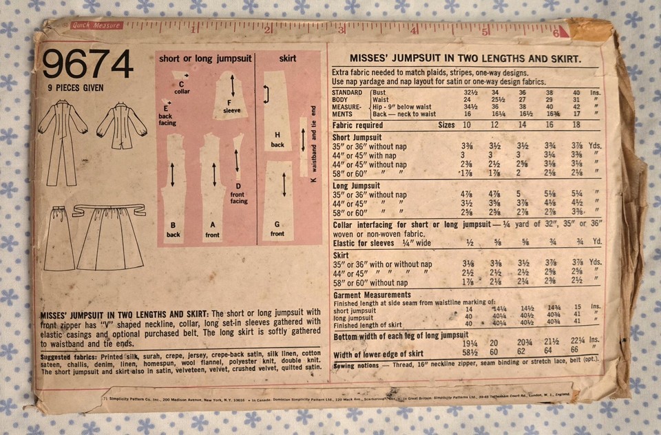 Vintage 1971 Simplicity # 9674 Misses' 12 Jumpsuits And Skirt | eBay