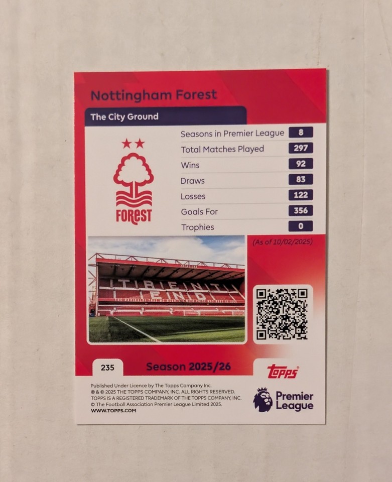 2025-26 Topps Premier League EPL #235 Team Badge Crest Card Nottingham ...