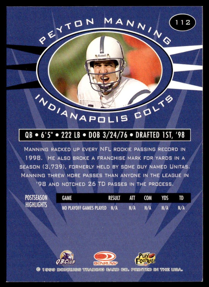 1999 Donruss Preferred QBC #112 Peyton Manning FOOTBALL Indianapolis ...