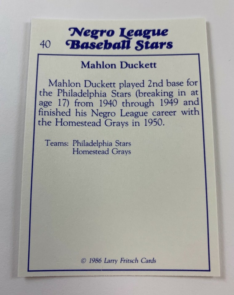 Fritsch Negro League Baseball Stars Singles: #40 Mahlon Duckett | eBay