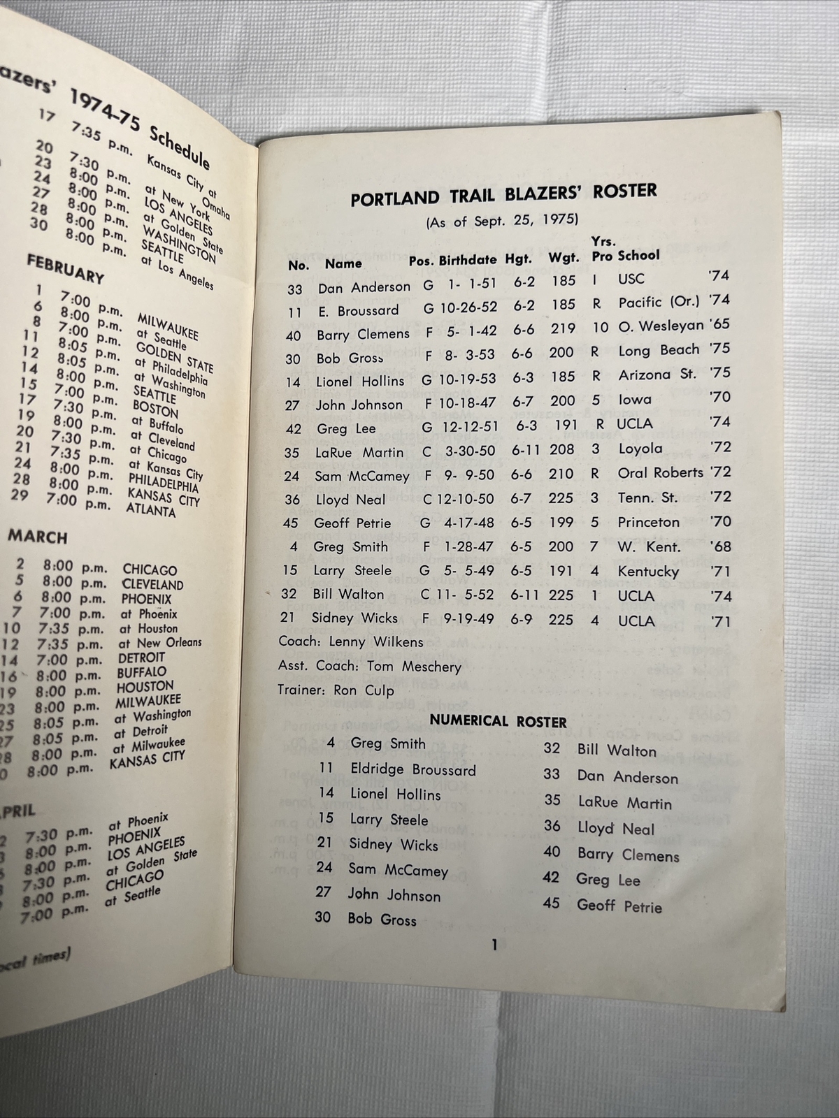 1975-1976 PORTLAND TRAIL BLAZERS NBA Media Guide BILL WALTON Vintage ...