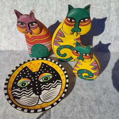 Lot of Vintage Laurel Burch Style Wooden Cats & Ceramic Plate * As Is ...