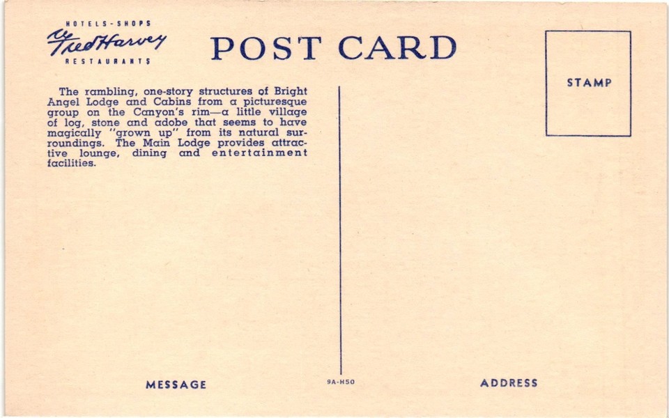 Vintage Postcard- BRIGHT ANGEL LODGE, CANYON'S RIM, GRAND CANYON ...