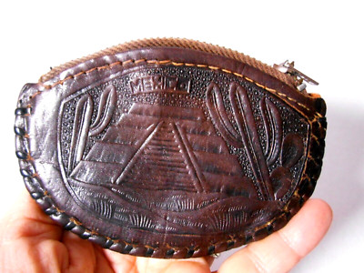VTG Unisex Handmade Leather Mexican Coin Purse Pouch Wallet 4.25" Aztec ...