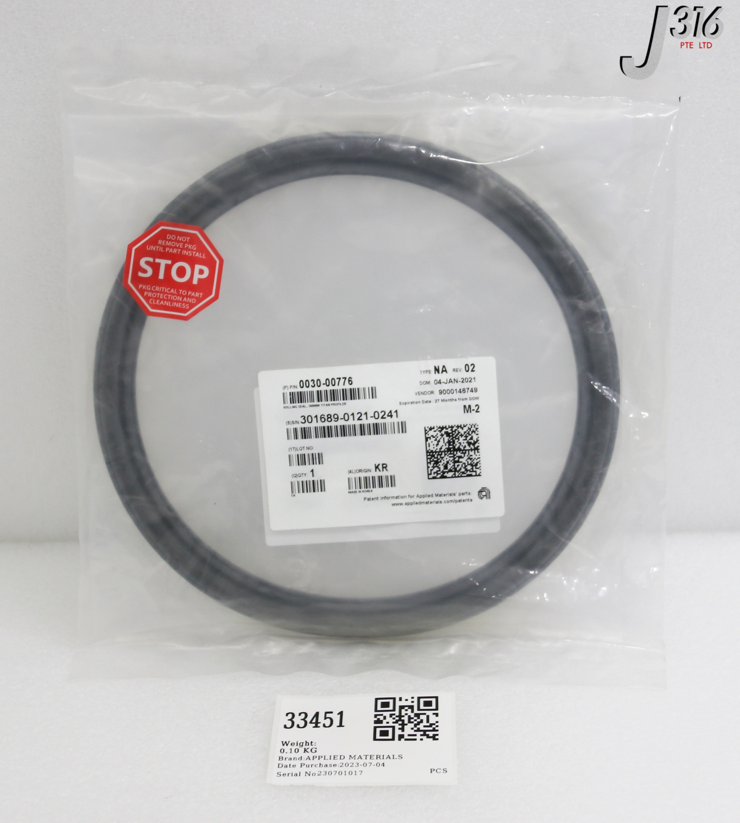33451 APPLIED MATERIALS ROLLING SEAL, 300MM TITAN PROFILER (NEW) 0030 ...