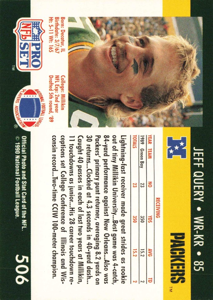 Jeff Query 1990 Pro Set #506 Green Bay Packers Football | eBay
