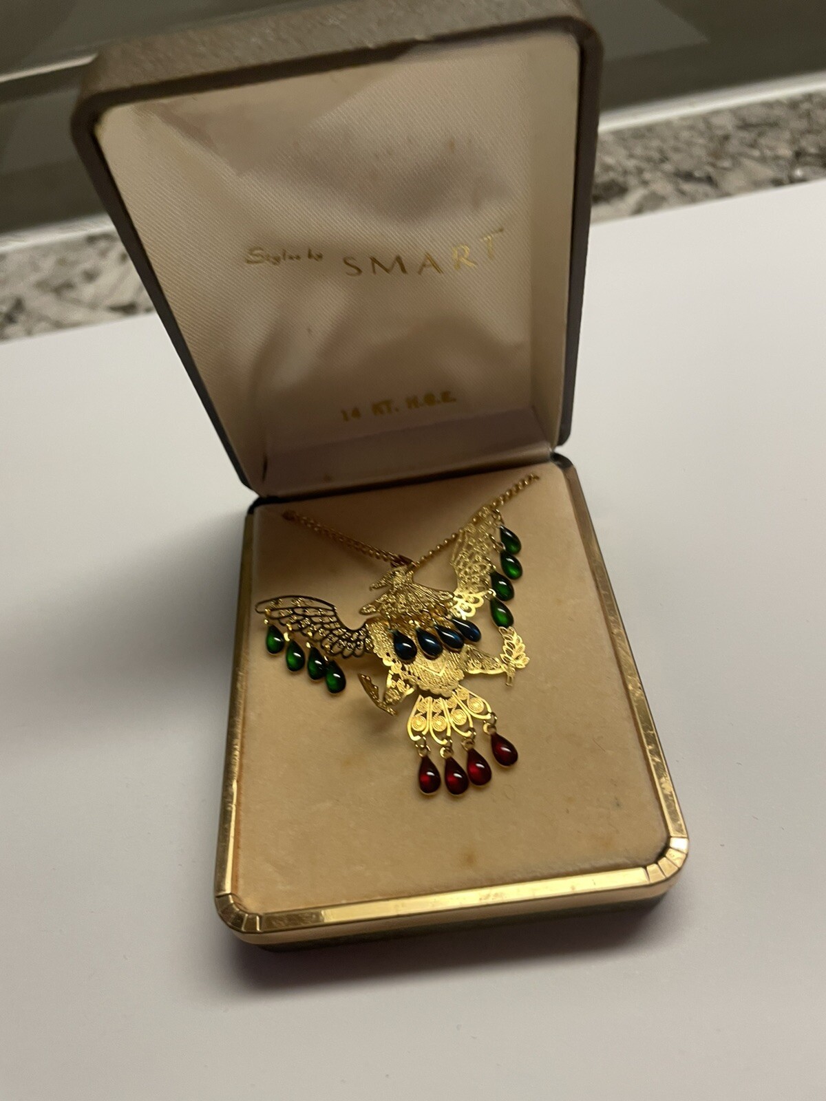 Filigree Open Work Necklace Bird Pendant Gold Tone Ch… - Gem