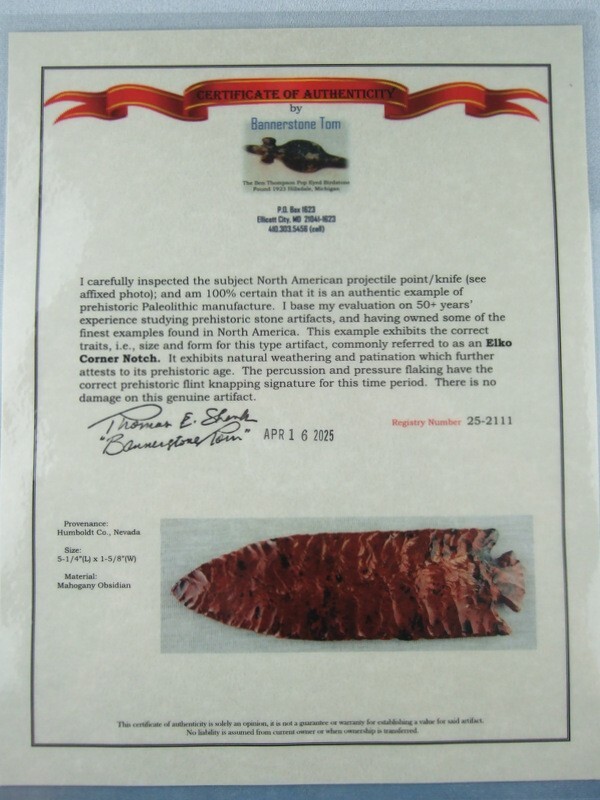 Exceptionally Fine 5 1/4" Nevada Elko Corner Notched Point with COA ...