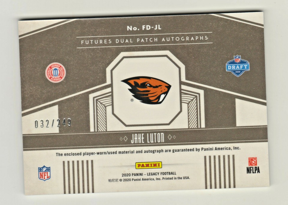 2020 Panini Legacy FUTURES DUAL PATCH AUTOGRAPH JAKE LUTON RC Rookie 32 ...