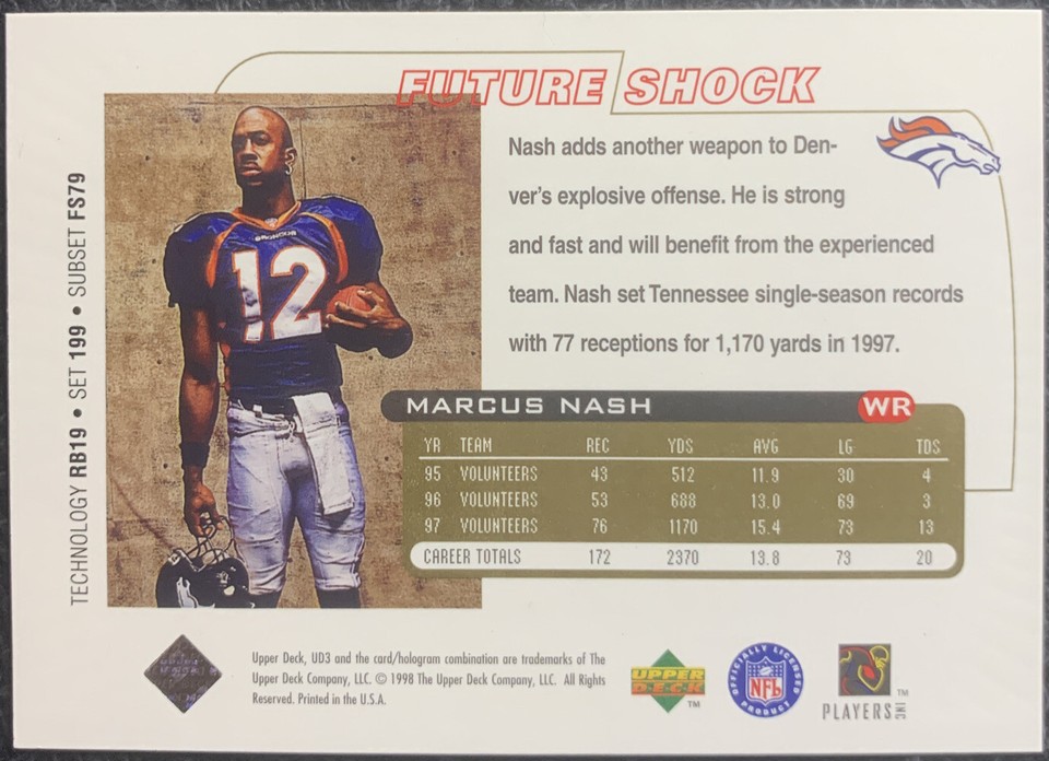 1998 Upper Deck UD3 Future Shock Marcus Nash #199 Rookie RC Denver ...