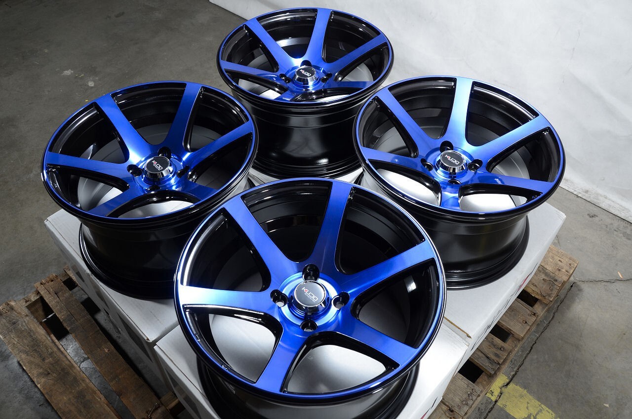 15x8 4x100 15mm Black Blue Wheels Rims Cobalt Spark Civic Scion xB ...