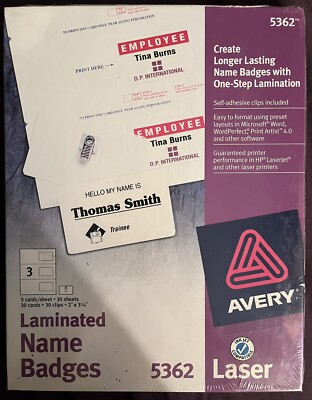 Avery Self-Laminating Laser/Inkjet Printer Laminated Name Badges White ...