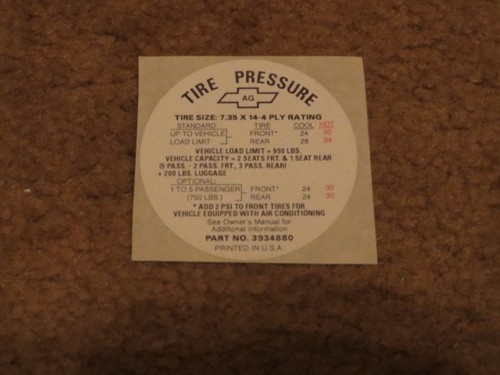 1967 1968 CHEVROLET CAMARO CHEVY II NOVA TIRE PRESSURE INSTRUCTIONS ...