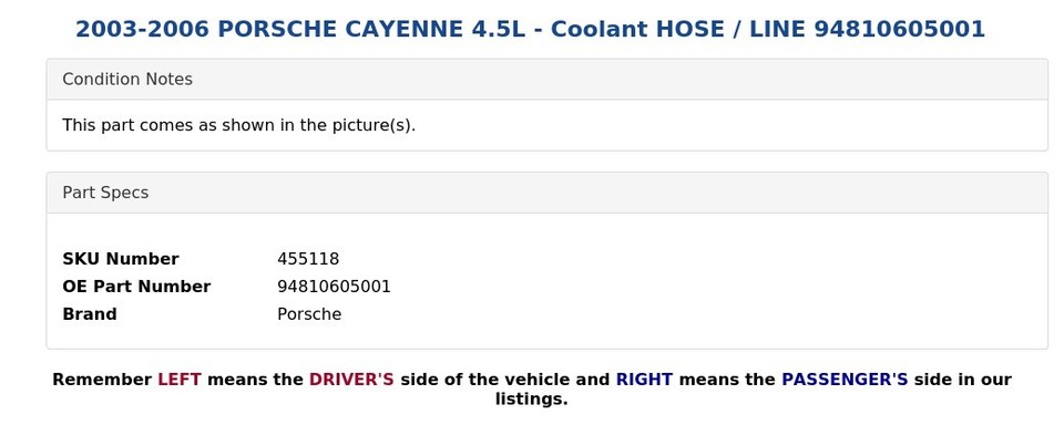 2003-2006 PORSCHE CAYENNE 4.5L - Coolant HOSE / LINE 94810605001 | eBay