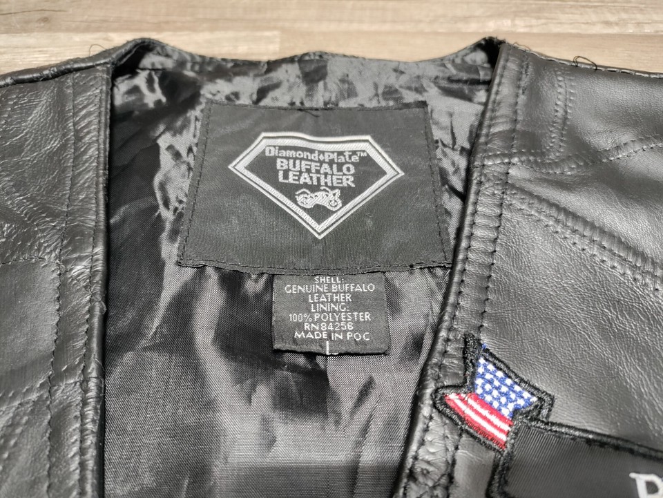 Vintage Diamond Plate Genuine Buffalo Leather Biker Vest w/ Patches ...