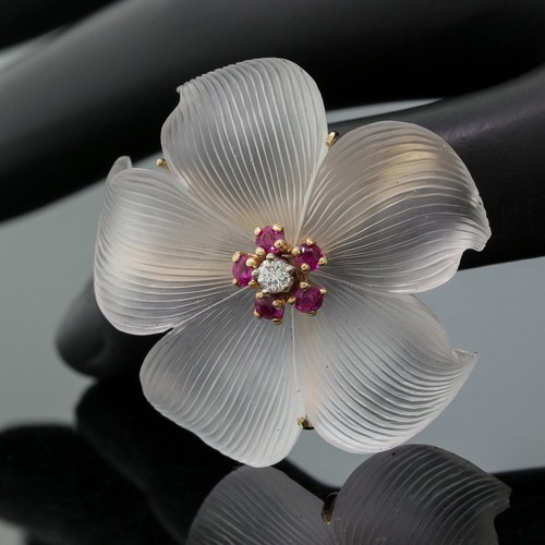 Tiffany & Co. Diamond, Ruby, & Carved Rock Crystal Flower Brooch 14K ...