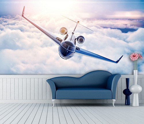 3D Cloud Plane G1295 Transport Wallpaper Mural Self-adhesive Removable ...