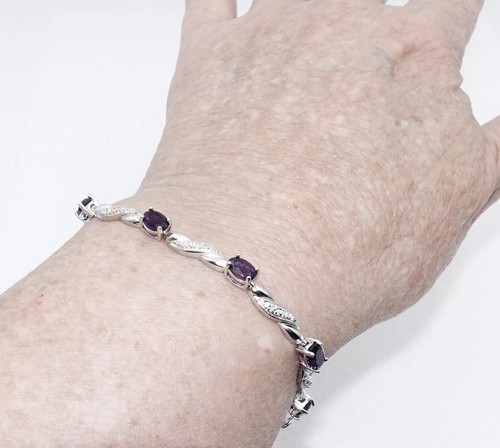 925 Sterling Silver Amethyst Gem Diamond Accent Tennis Link Bracelet 7.25" | eBay