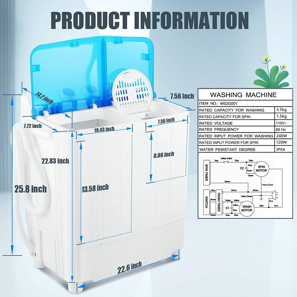 17.6lbs 2 IN1 Auto Washing Machine Set Portable Compact Laundry washer ...