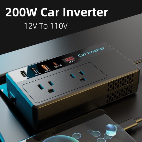 200W Car Inverter DC 12V To 110V AC Power Inverters 3 USB 1 Type-C ...