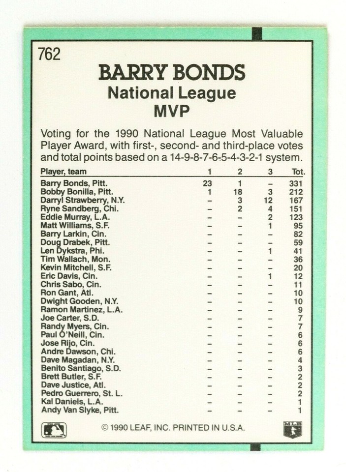 Barry Bonds #762 (1991 Donruss) Award Winner NL MVP Card, Pittsburgh ...