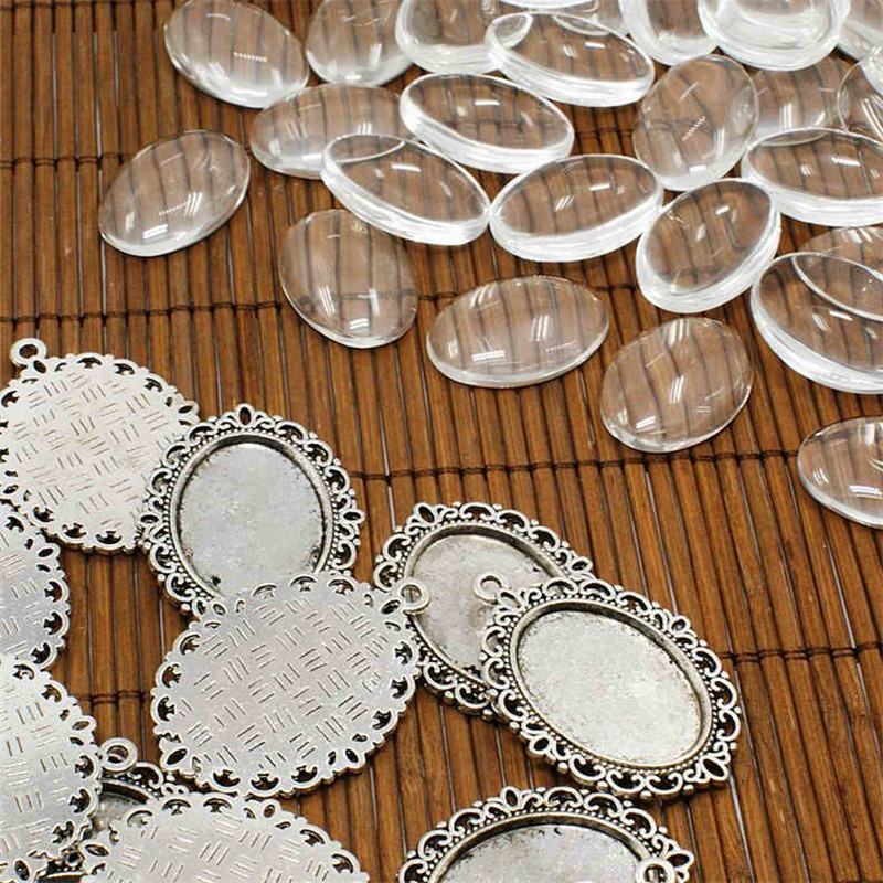 10 Sets Antique Silver DIY Cabochon Settings Pendant Making Oval Glass ...