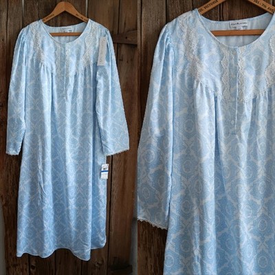 NWT Miss Elaine Blue White Floral Granny Nightgown LS Size XL Lace Trim ...