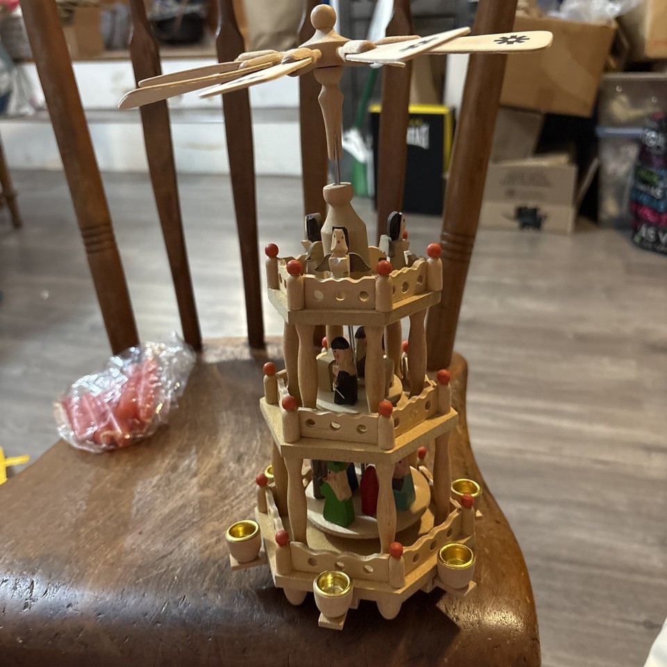Wooden Brown Nativity Scene Carousel Angels Christmas Pyramid Windmill ...