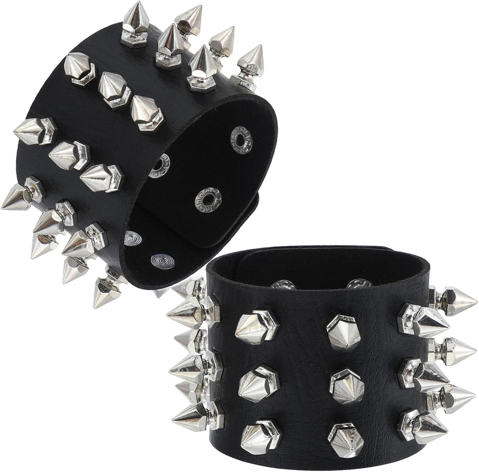 2 Pcs Studded Bracelet, Gothic Punk Rock Spiked Bracelets Black Leather ...