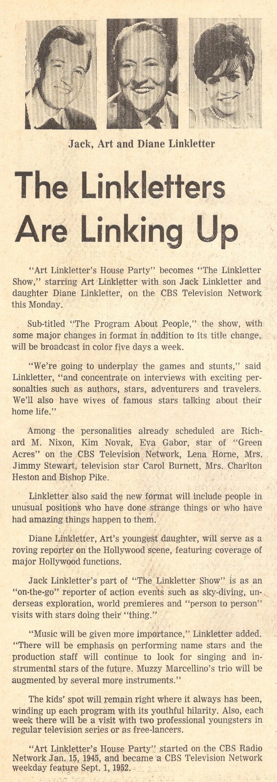 1968 TV ARTICLE ART LINKLETTER and SON JACK & DAUGHTER DIANE THE LINKLETTER SHOW | eBay