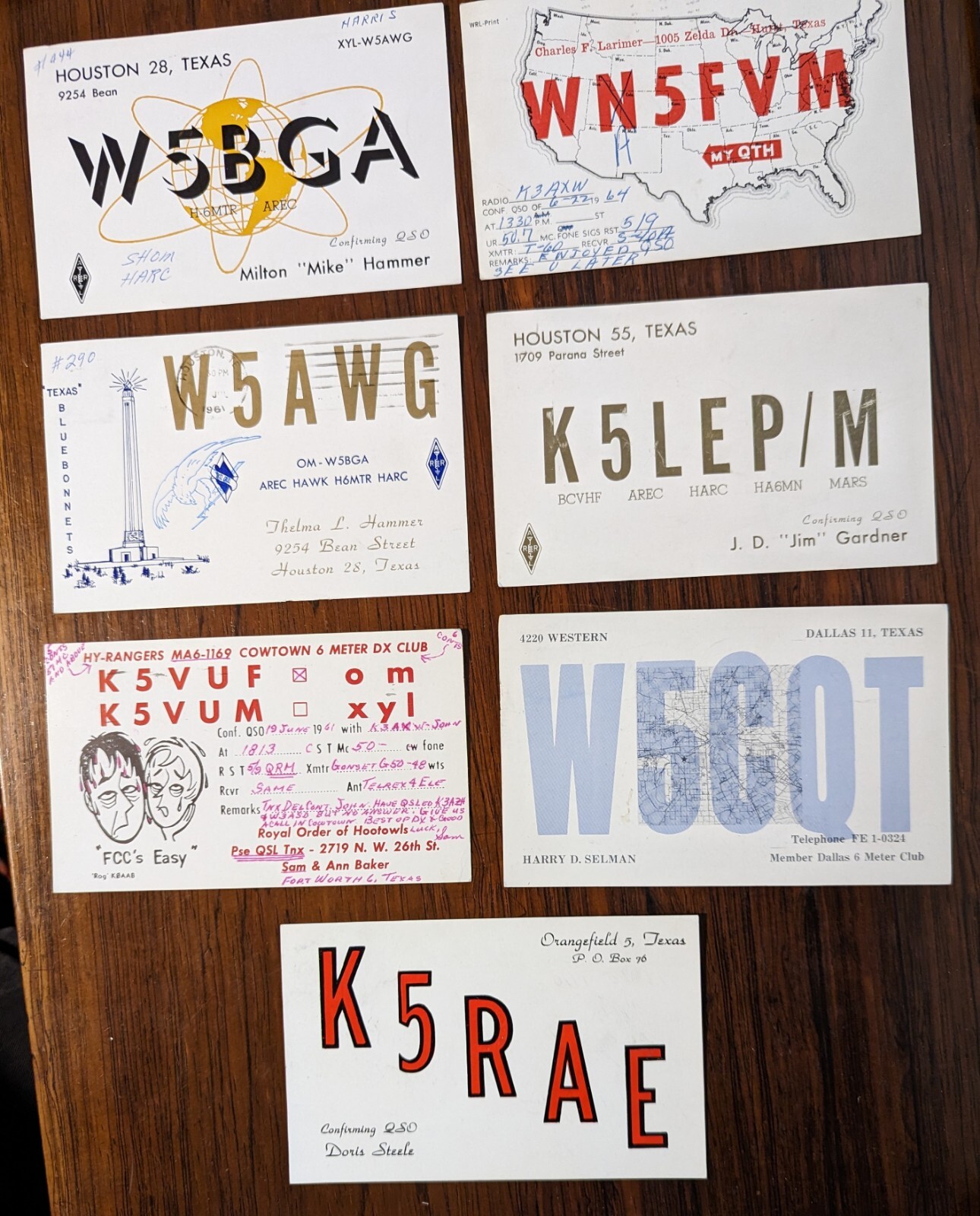 Lot of 7 1960s QSL Cards Ham Radio TEXAS K5RAE K5LEP W5CQT W5AWG K5VUM ...