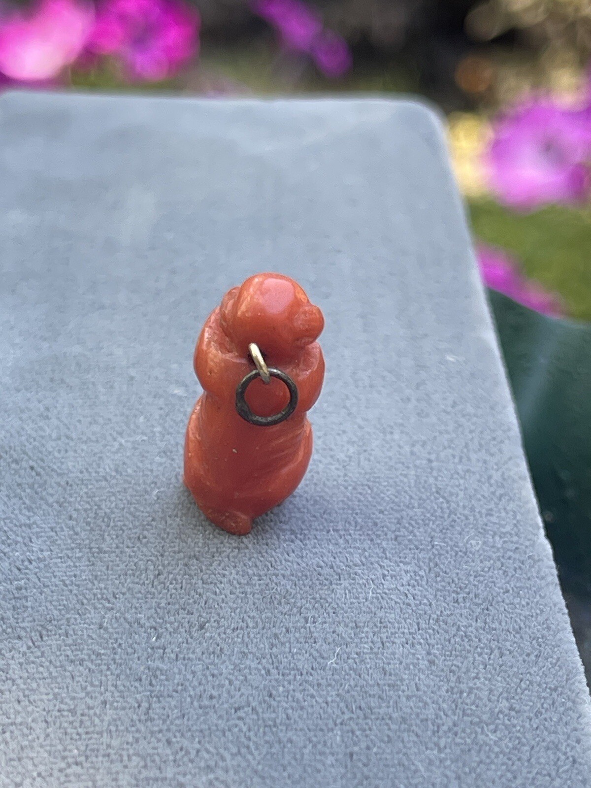 Antique Carved Red Coral Monkey Charm Pendant - Gem