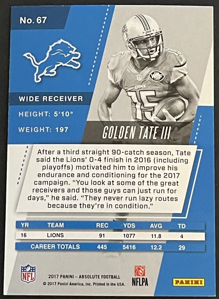 2017 Panini Absolute #67 Golden Tate III Detroit Lions | eBay