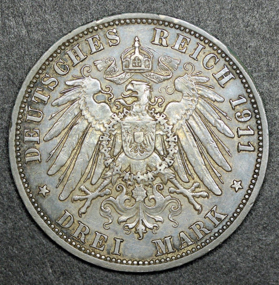 GERMAN 3 Mark 1911 A PRUSSIA KAISER WILHELM II 90% Silver Coin EMPIRE ...