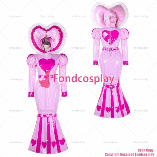 Sissy maid long white PVC dress fishtail lockable heart hood Tailor ...