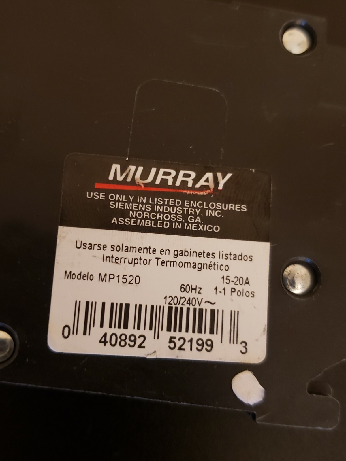 Siemens Murray Single Pole Circuit Breakers MP1520 MP1515 MP120 MP130 ...