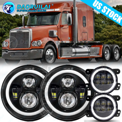 for Freightliner Coronado 7inch Round LED Headlights + 4inch LED Fog ...