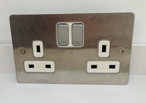 MK Edge 13A Double Switched Socket In Stainless Steel With White Insert ...