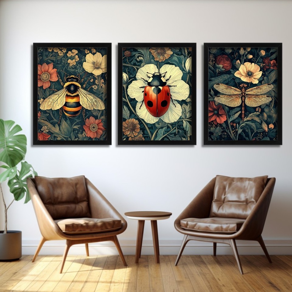 Vintage Insect Wall Art William Morris-Style Botanical Illustration Set ...