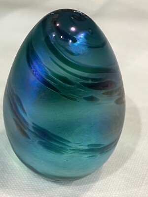 Obg Art Glass Egg Shape Paperweight Iridescent Ocean Blue Green Purple
