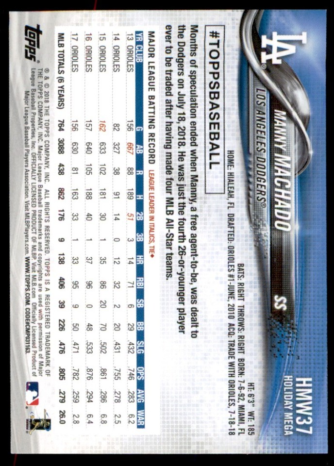 2018 TOPPS HOLIDAY MANNY MACHADO LOS ANGELES DODGERS #HMW37 | eBay